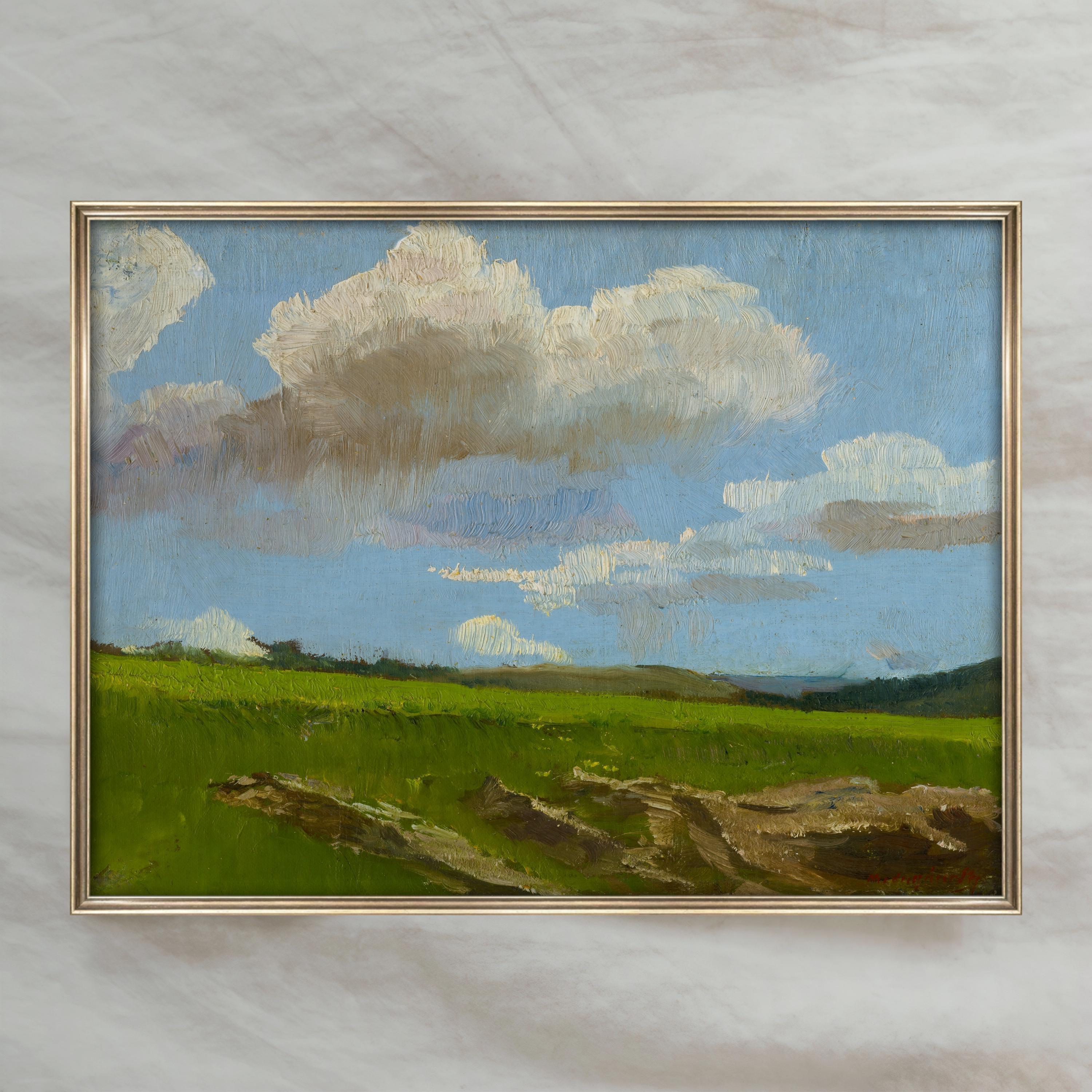Vintage Cloudy Field Painting | Antique Landscape Artwork | Countryside ...