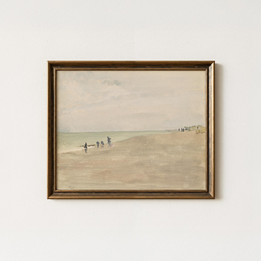 Vintage Beach Figures Painting | Antique Coastal Watercolor Artwork ...