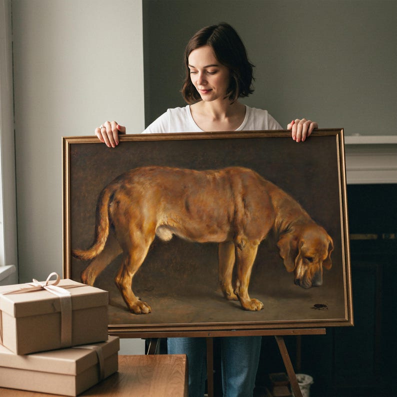 Vintage Dog Painting | Antique Canine Portrait Wall Art | Rustic Hound ...