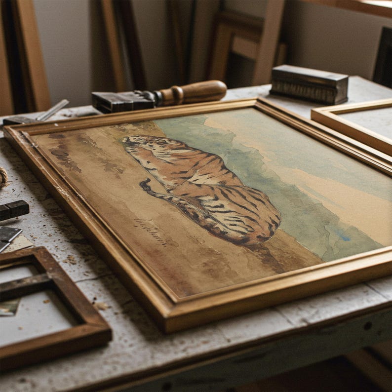 Vintage Tiger Painting | Antique Rustic Big Cat Wall Art | Mailed Print ...