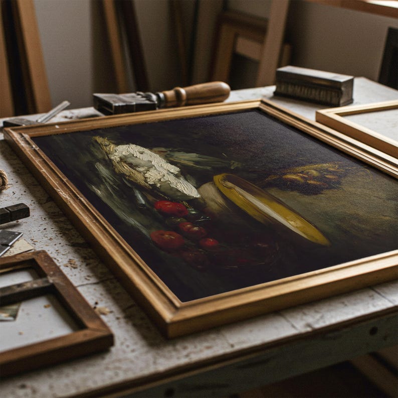 Moody Still Life Painting | Antique Kitchen Wall Art | Vintage Rustic ...