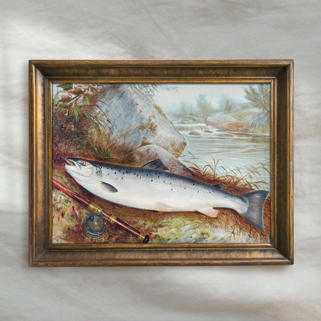Antique Salmon Fishing Painting | Rustic Fish Wall Art | Vintage River ...