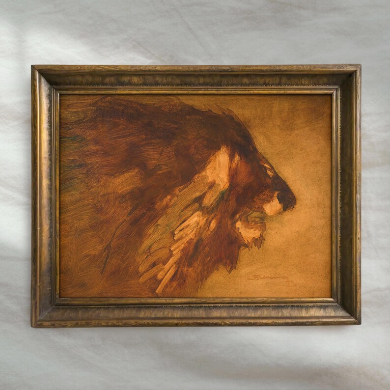 Vintage Lion Head Painting | Antique Wildlife Cat Wall Decor | Rustic ...