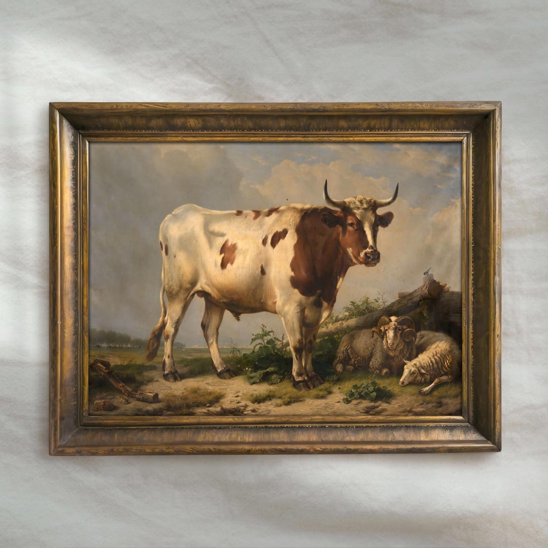 Rustic Cattle Painting | Vintage Farmhouse Cow Wall Art | Antique ...
