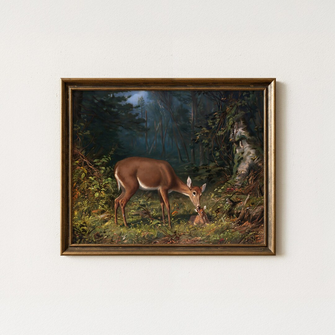 Vintage Deer Painting | Antique Woodland Fawn Artwork | Moody Wildlife ...