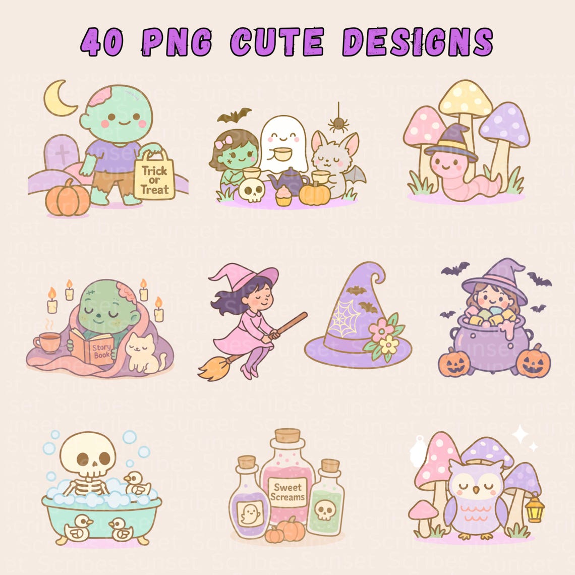 Pastel Halloween Clip Art Bundle, Cute Kawaii Ghosts, Pumpkins, Witches ...