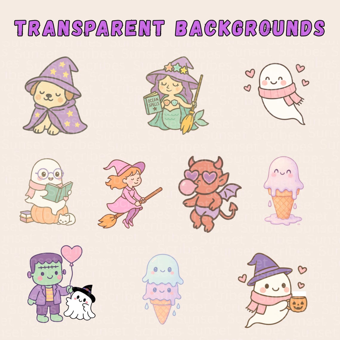 Pastel Halloween Clip Art Bundle, Cute Kawaii Ghosts, Pumpkins, Witches ...