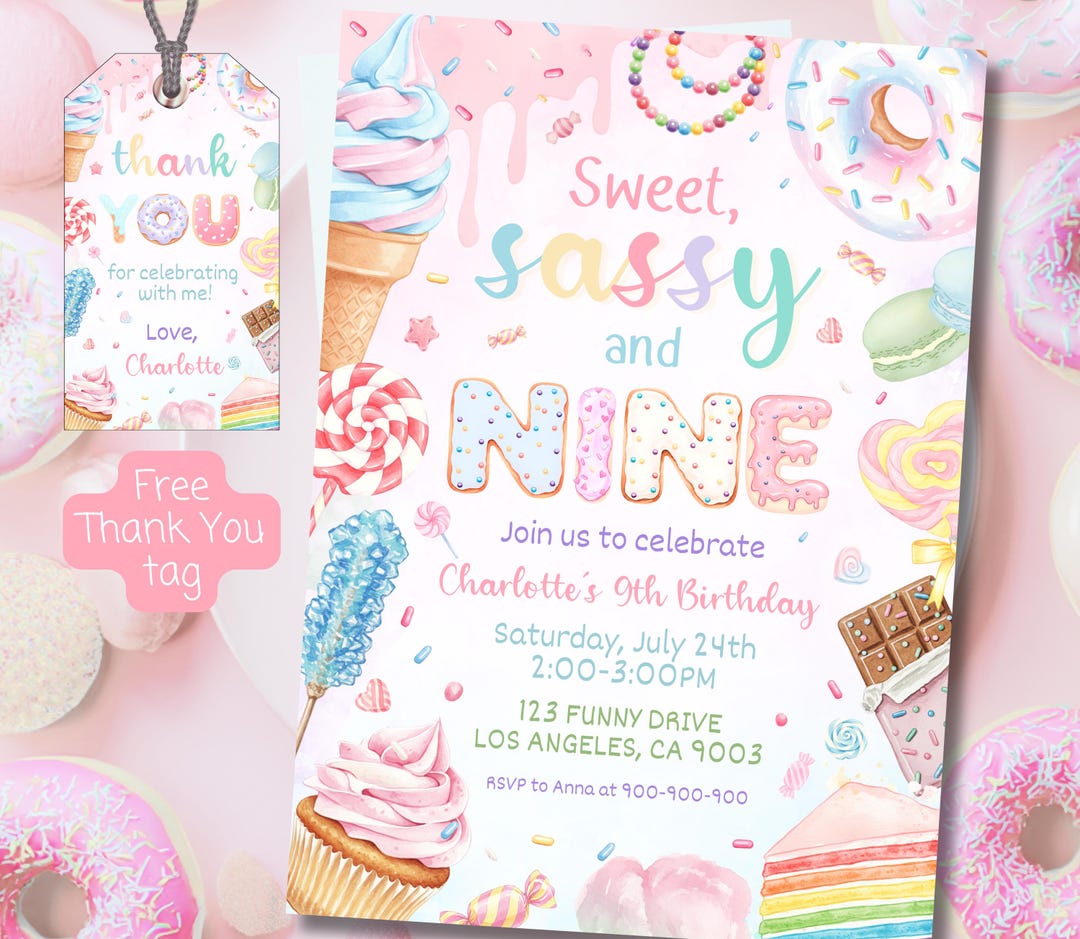 Sweet Sassy Nine 9th Girl Birthday Invitation, Candy Land Party, Ice ...