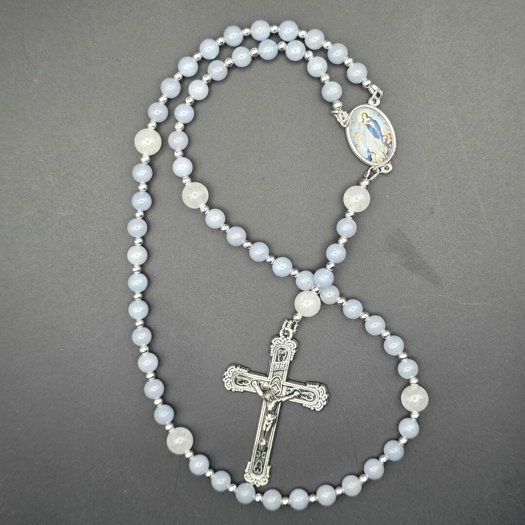 Handmade Angelite Rosary: Marian Gift With White Jade Beads - Etsy