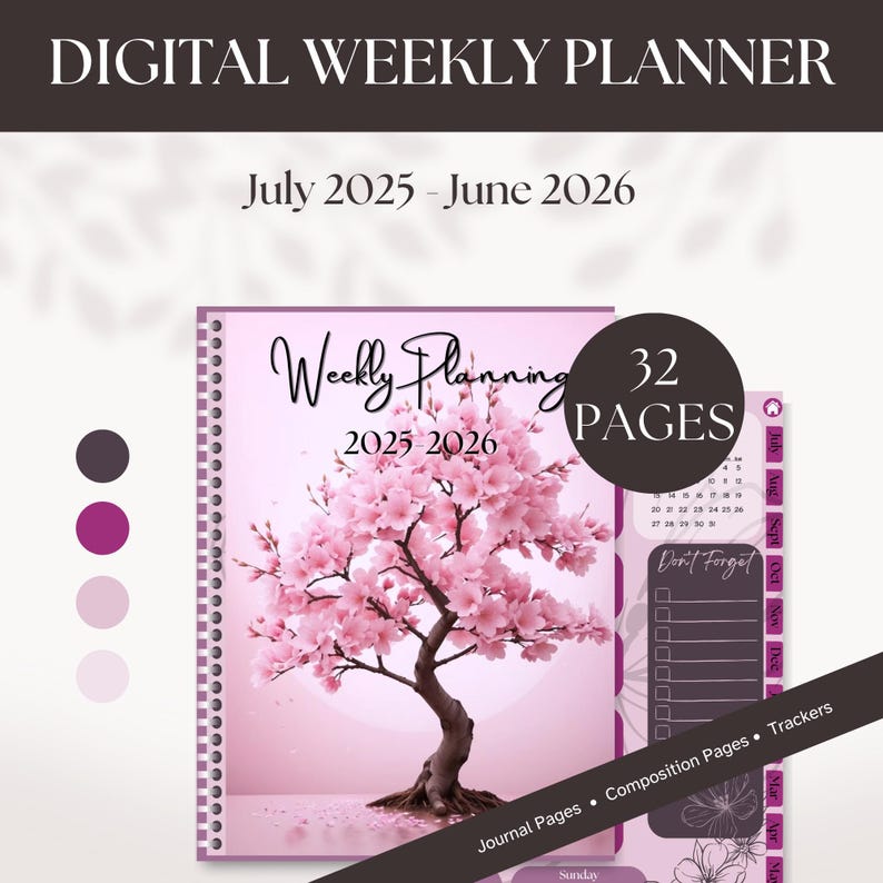Cherry Blossom Weekly Planner July 2025 - June 2026 - Etsy