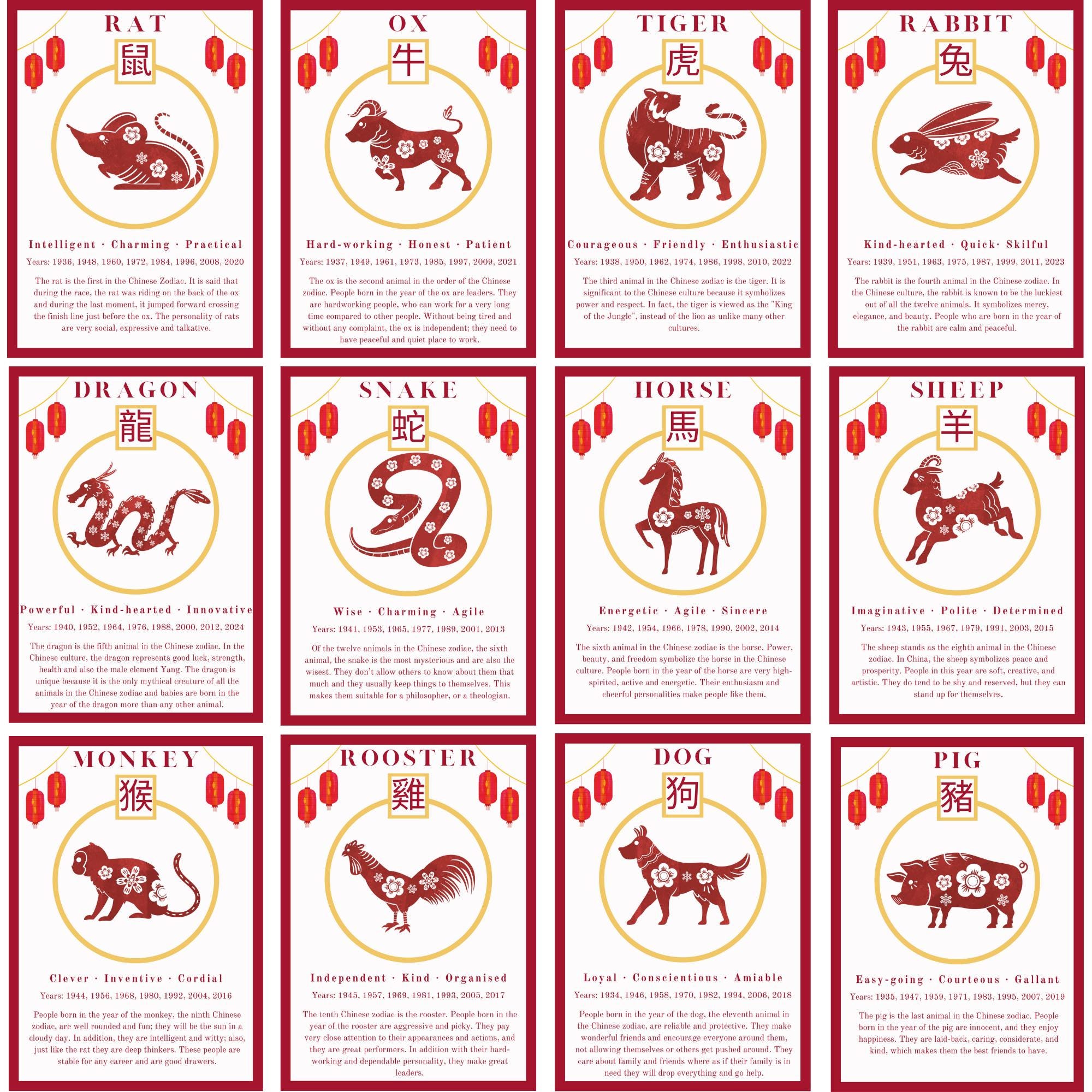 Chinese Zodiac Cards – Full Set of 12 (digital Download) - Etsy