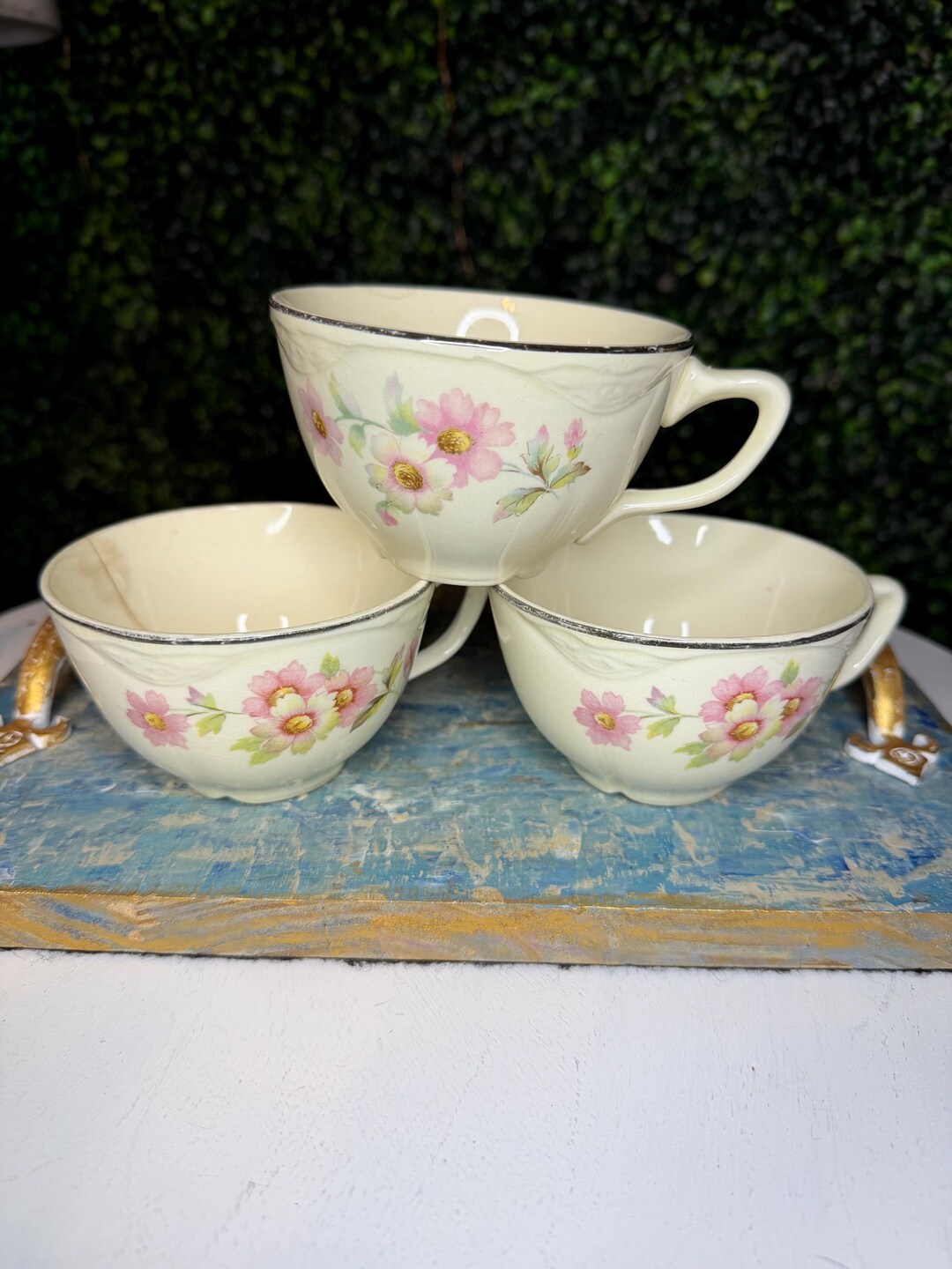 Uranium Glaze- Vintage Homer Laughlin Cups (3) Virginia Rose With ...