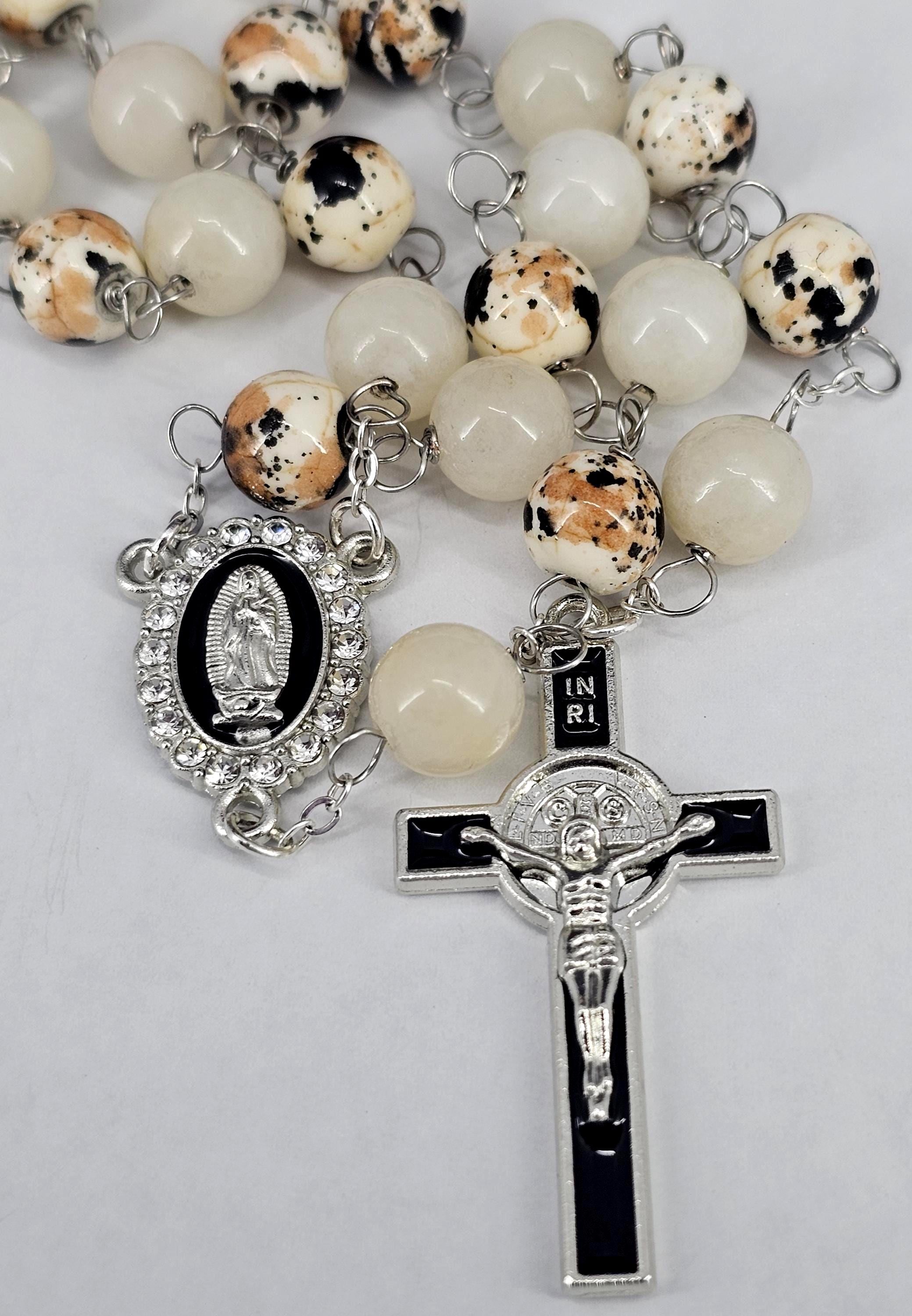 Handcrafted Natural Stone Rosary: Cream-beige, Black Beads, Black ...