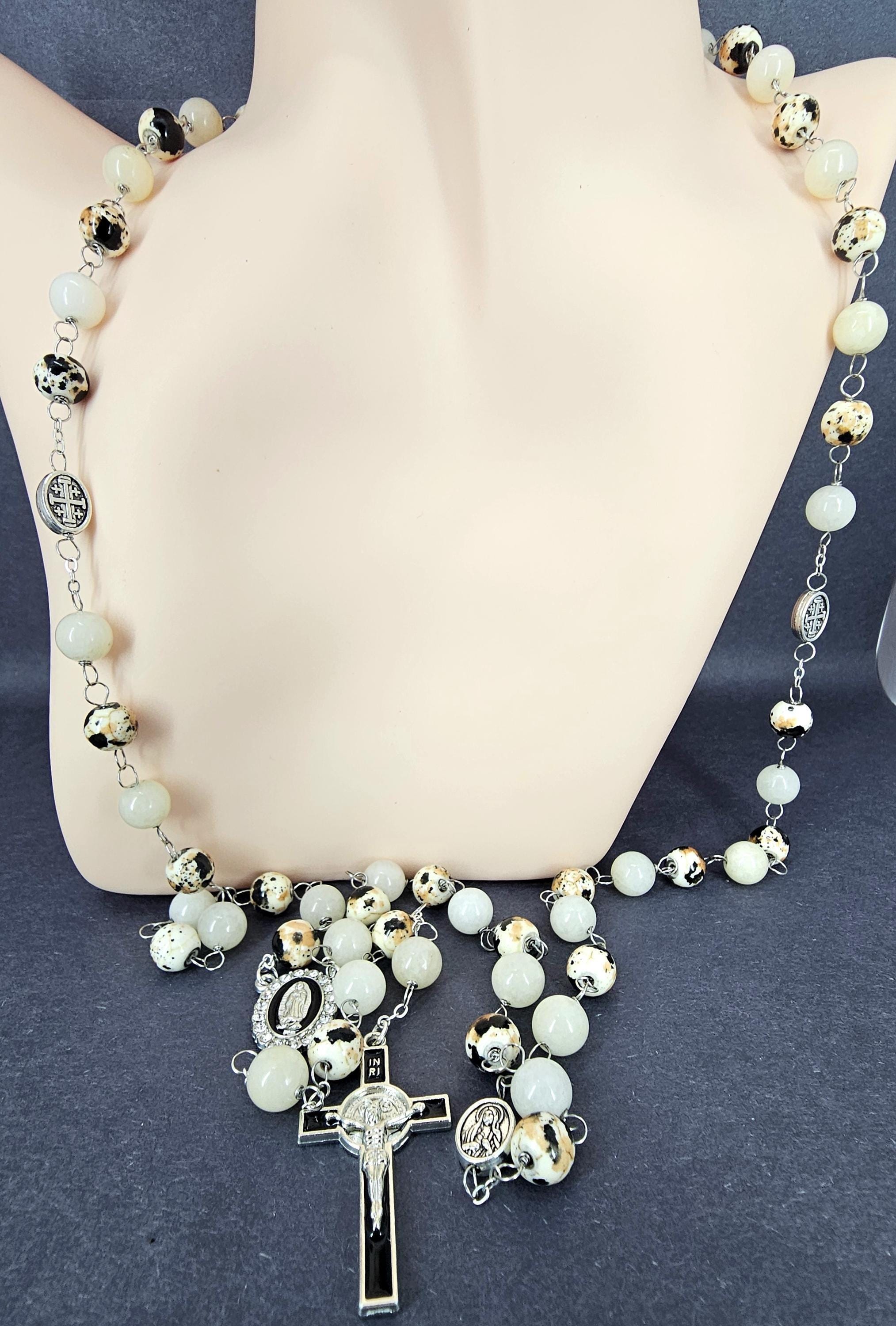 Handcrafted Natural Stone Rosary: Cream-beige, Black Beads, Black ...
