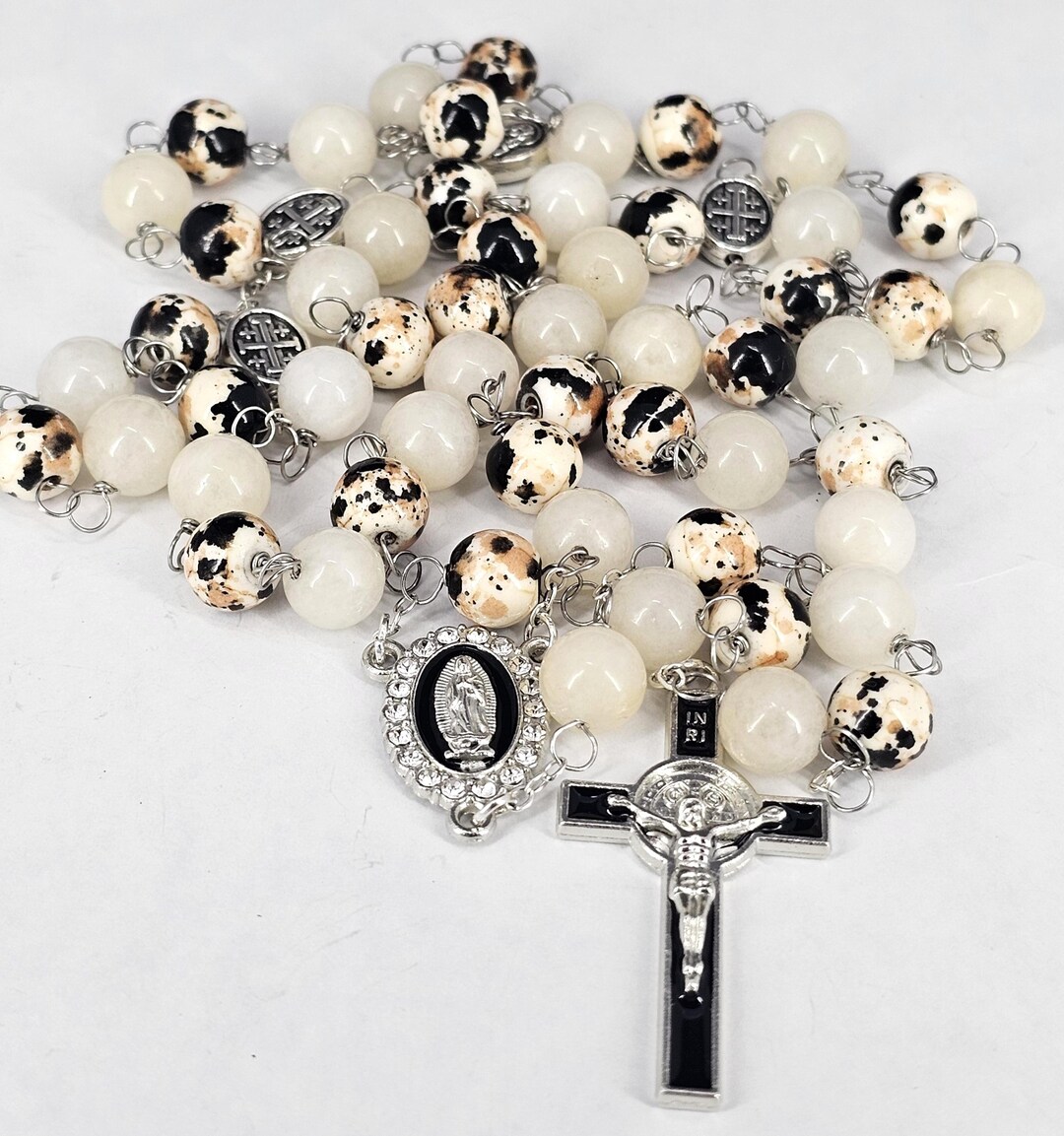 Handcrafted Natural Stone Rosary: Cream-beige, Black Beads, Black ...