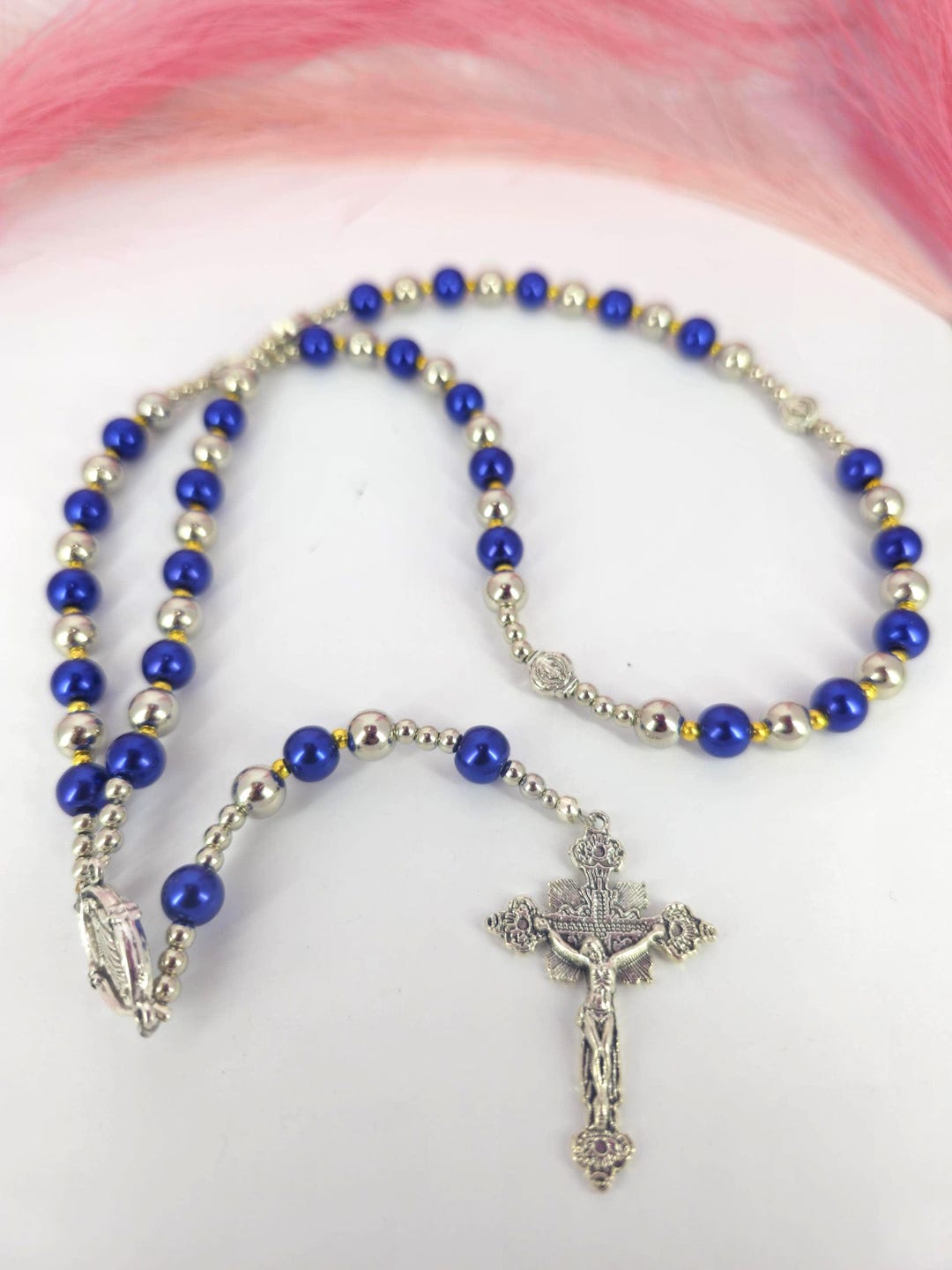 Handmade Catholic Rosary With Navy Blue and Silver Prayer Beads - Etsy