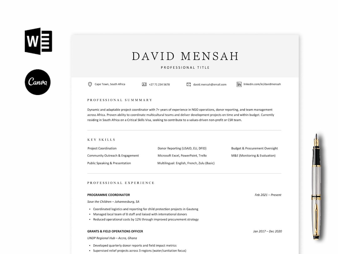 South Africa CV Template | Professional Resume With Visa & Work Permit ...