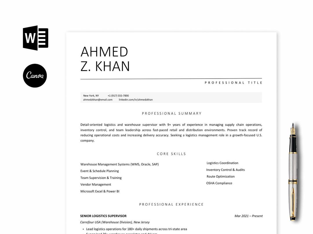 USA Resume Template | Editable CV & Cover Letter in Word + Canva - Etsy