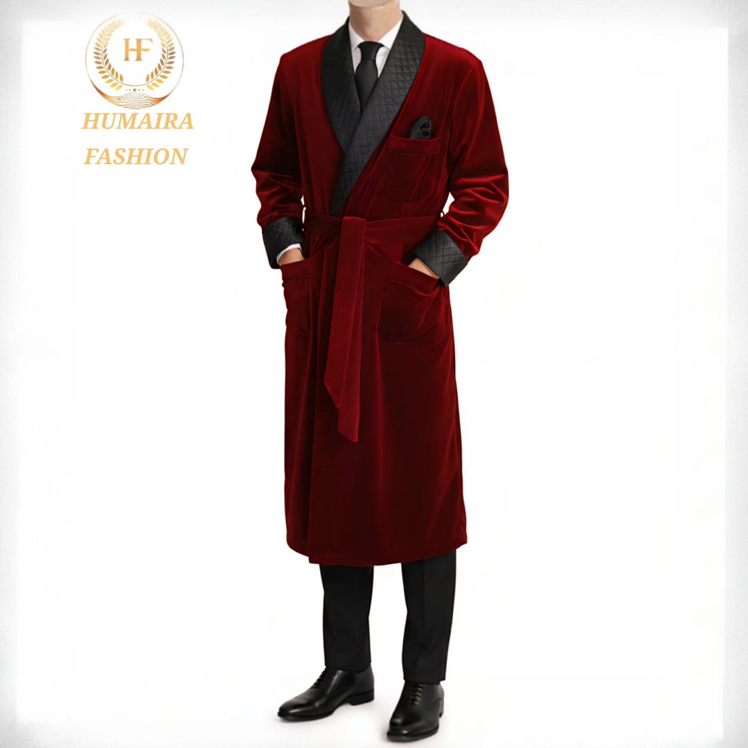 Men Smoking Gown Burgundy Velvet Robe Black Quilted Jacket - Etsy