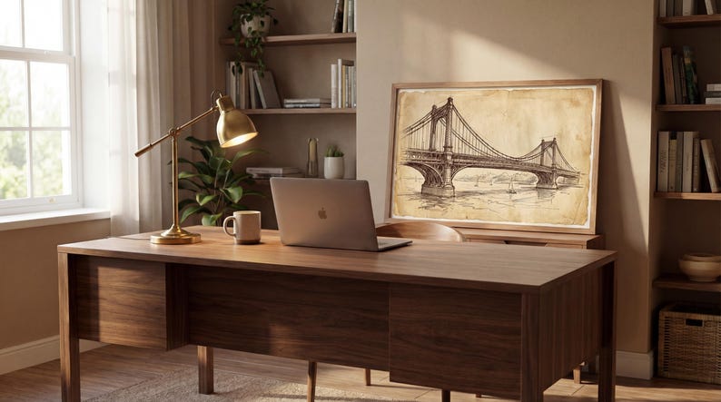 Vintage Bridge Architectural Sketch Print, Sepia Ink Line Drawing ...