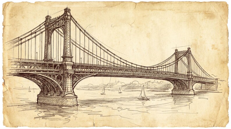 Vintage Bridge Architectural Sketch Print, Sepia Ink Line Drawing ...