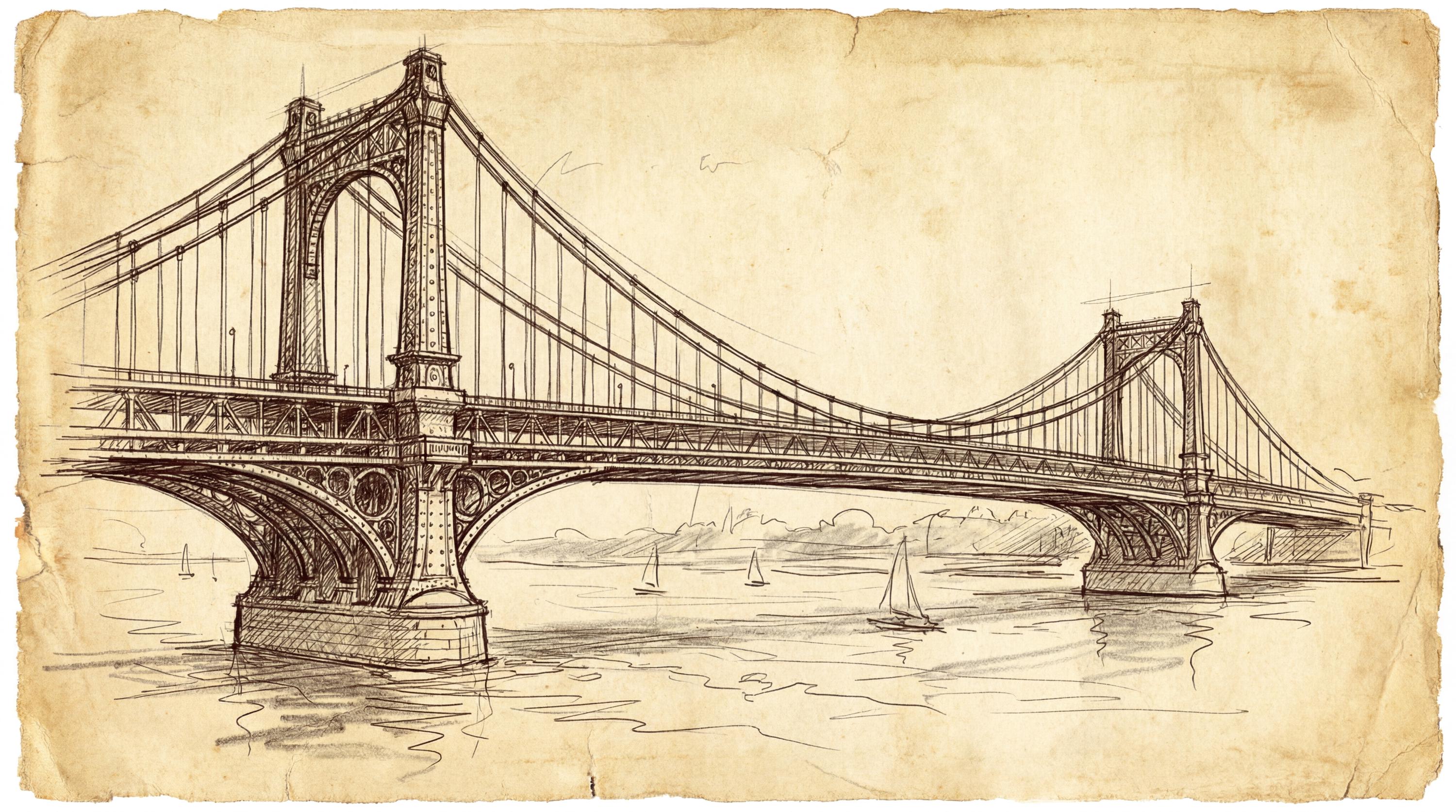 Vintage Bridge Architectural Sketch Print, Sepia Ink Line Drawing ...