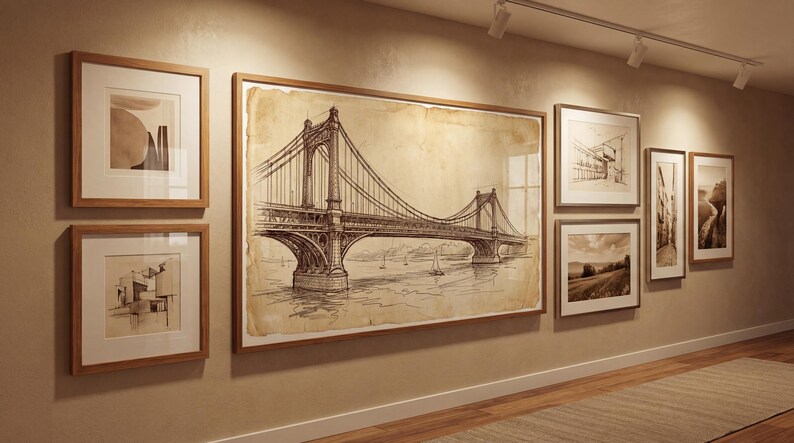 Vintage Bridge Architectural Sketch Print, Sepia Ink Line Drawing ...