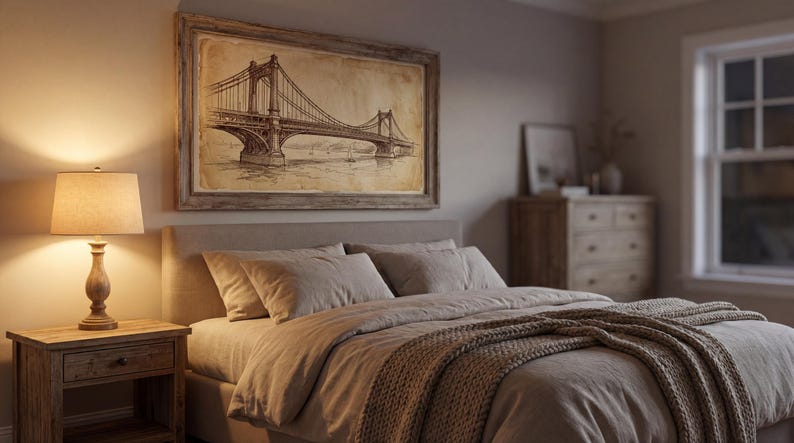 Vintage Bridge Architectural Sketch Print, Sepia Ink Line Drawing ...