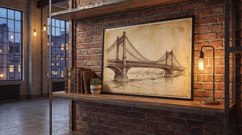 Vintage Bridge Architectural Sketch Print, Sepia Ink Line Drawing ...