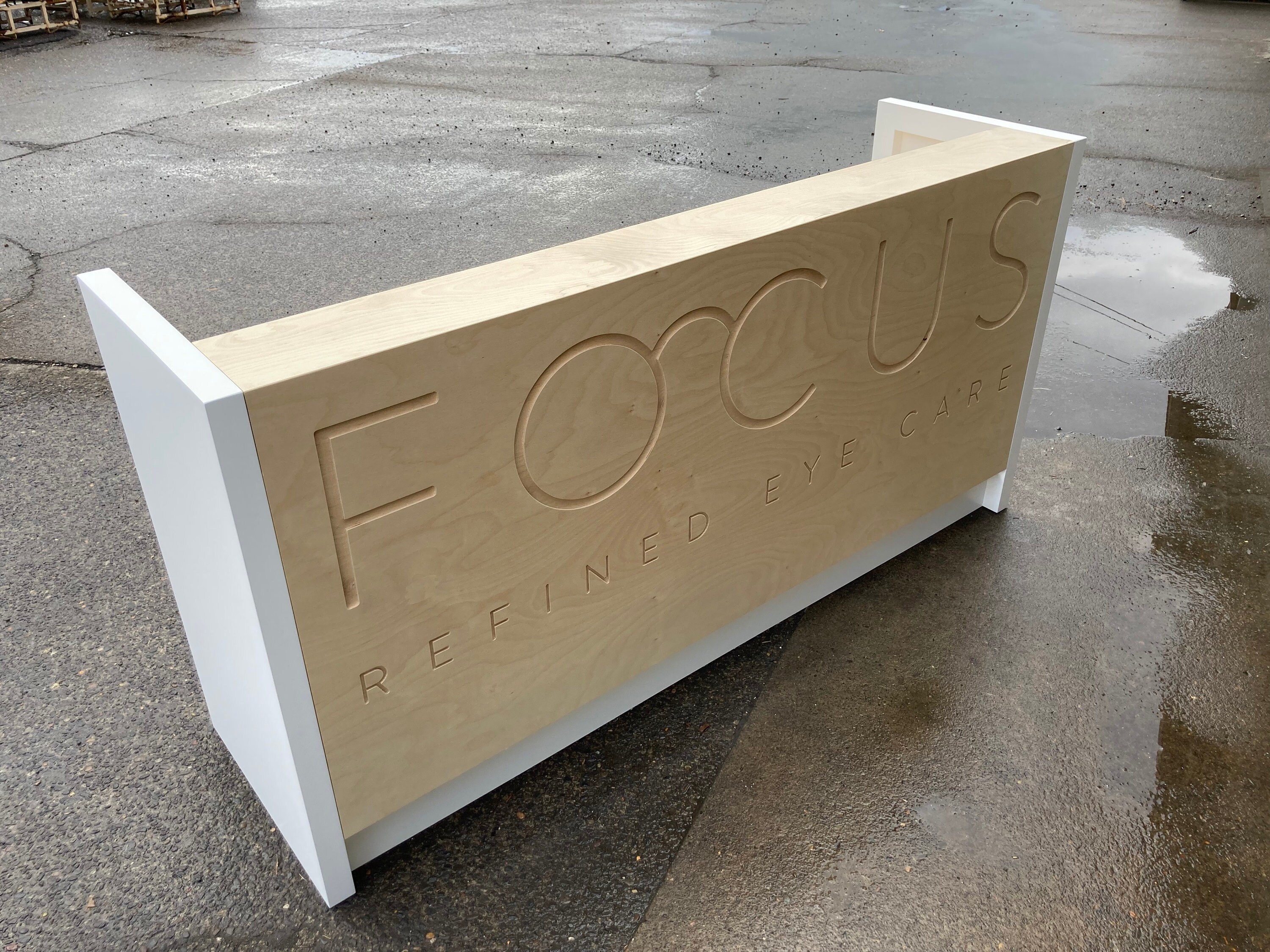Baltic Birch Reception Desk With Carved Logo and Split Finish With FREE ...