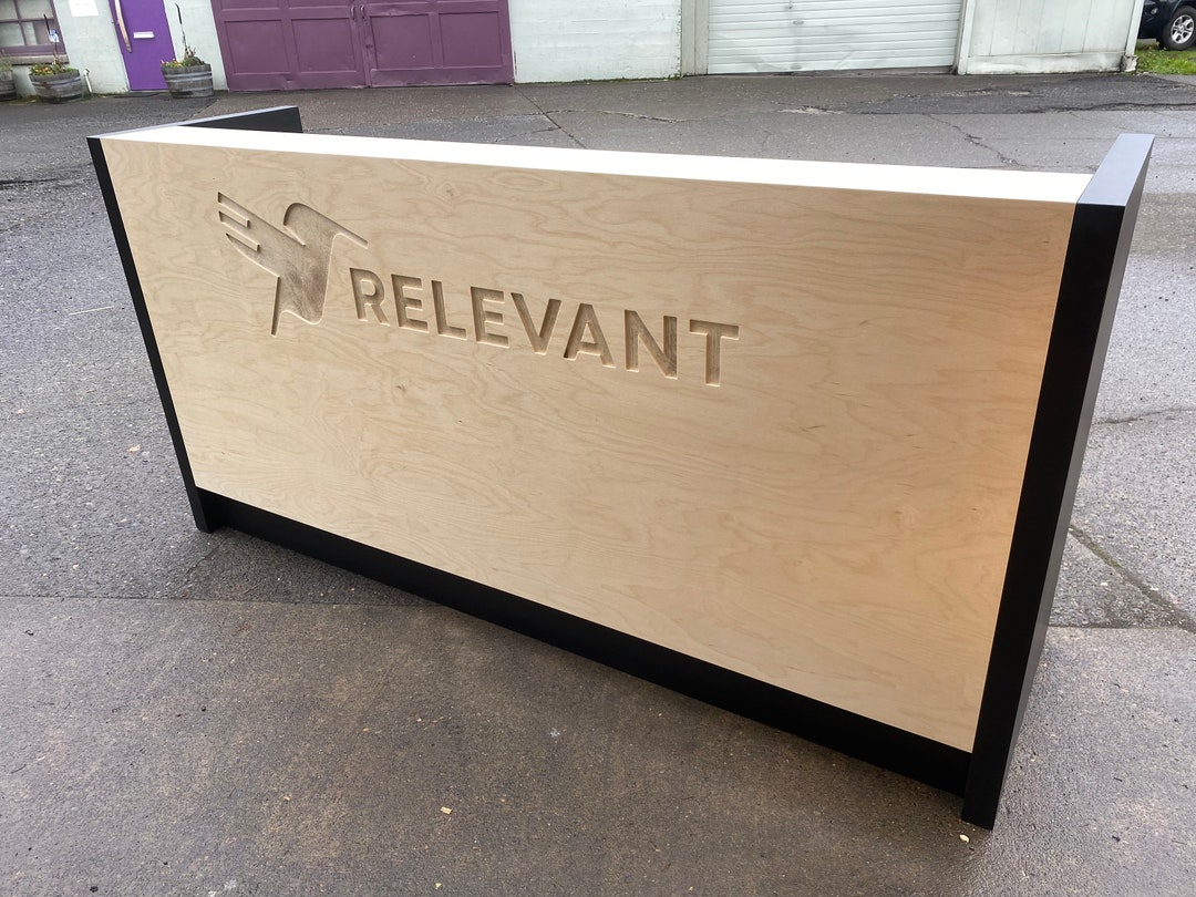 Basic Birch Plywood Reception Desk With Carved Logo and Split Finish ...