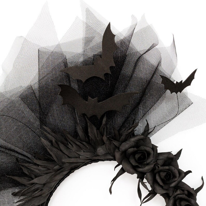 Black Bat Headband With Roses, Veil for Halloween Party. Lightweight ...