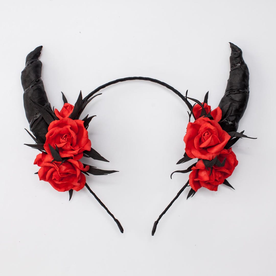 Black Horns Headband With Red Roses for Halloween Party. - Etsy