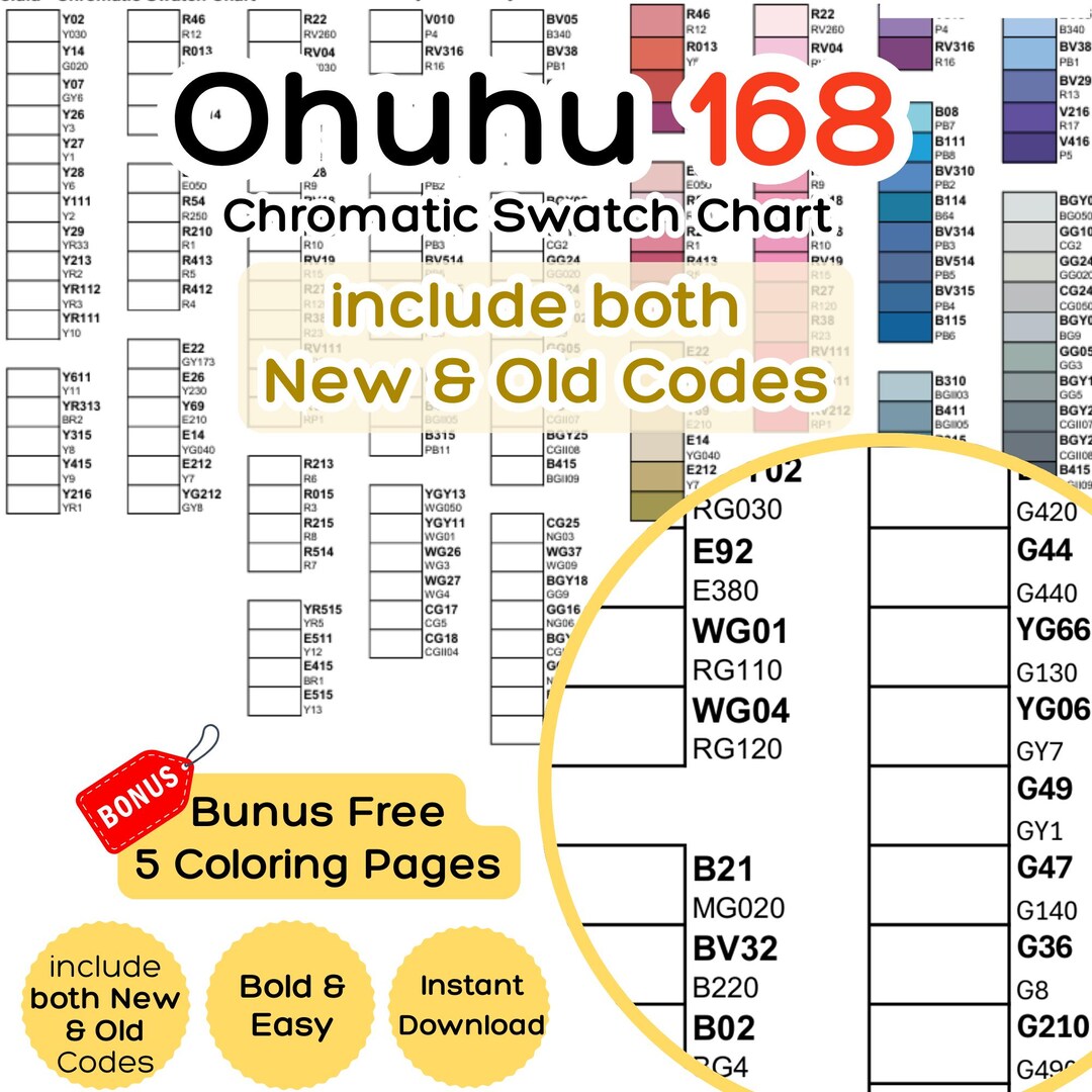Ohuhu 168 Swatch Chart Printable: New & Old Code Conversion Color Chart ...