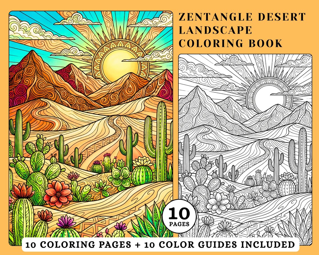 Desert Coloring Book Printable: Zentangle Cactus Landscape Pages (PDF ...