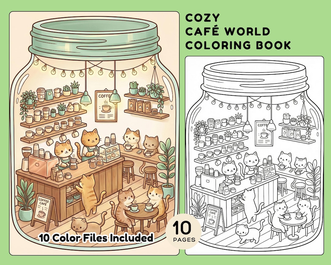 Cozy Cafe World Coloring Book – Kawaii Cats in a Jar (10 Printable PDF ...