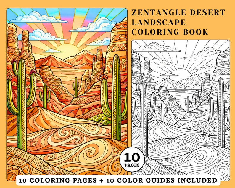 Desert Coloring Book Printable: Zentangle Cactus Landscape Pages (PDF ...