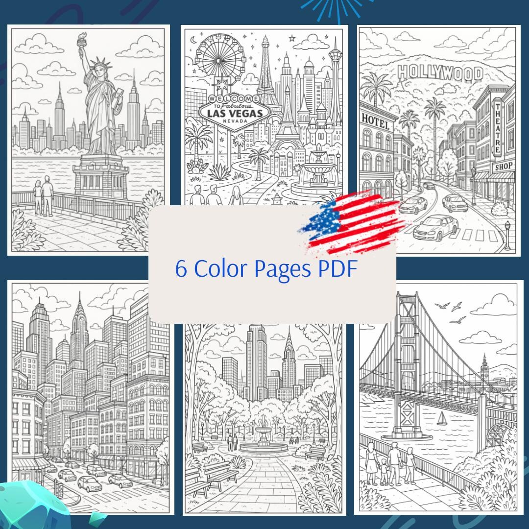 USA Landmarks Coloring Pages - 6 Printable American Cities & Famous ...
