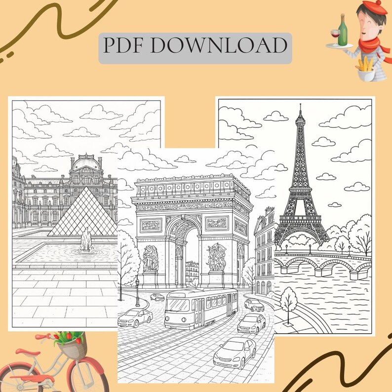 Paris Coloring Pages for Adults & Kids - 6 Printable Paris Landmarks ...