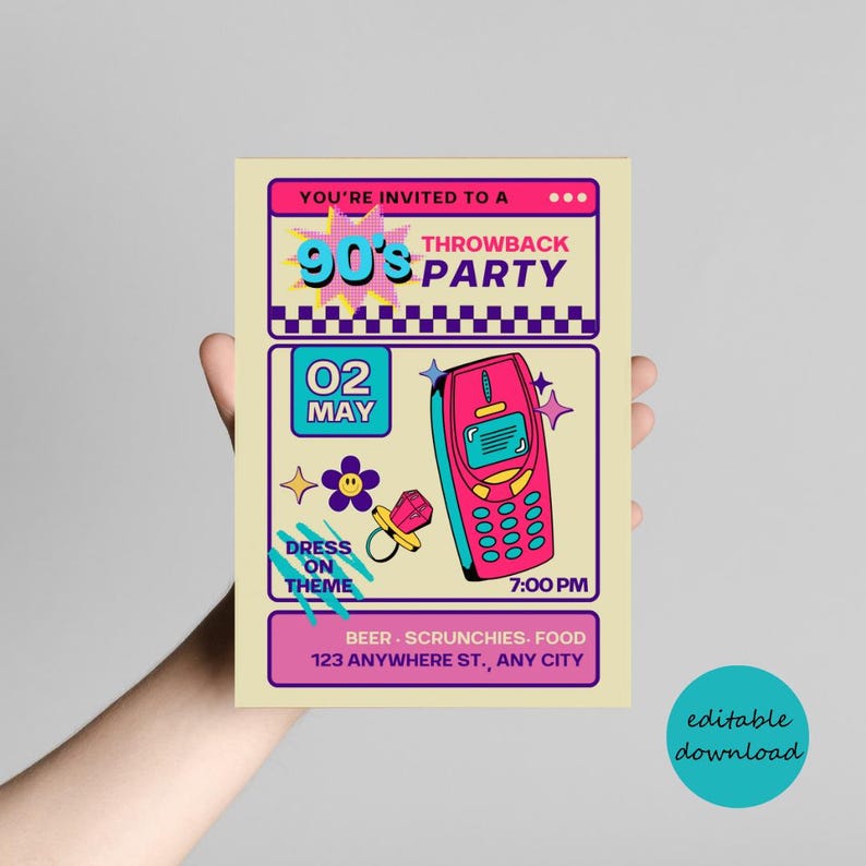 90s Party Invite | Editable Retro Birthday Invitation | Digital ...