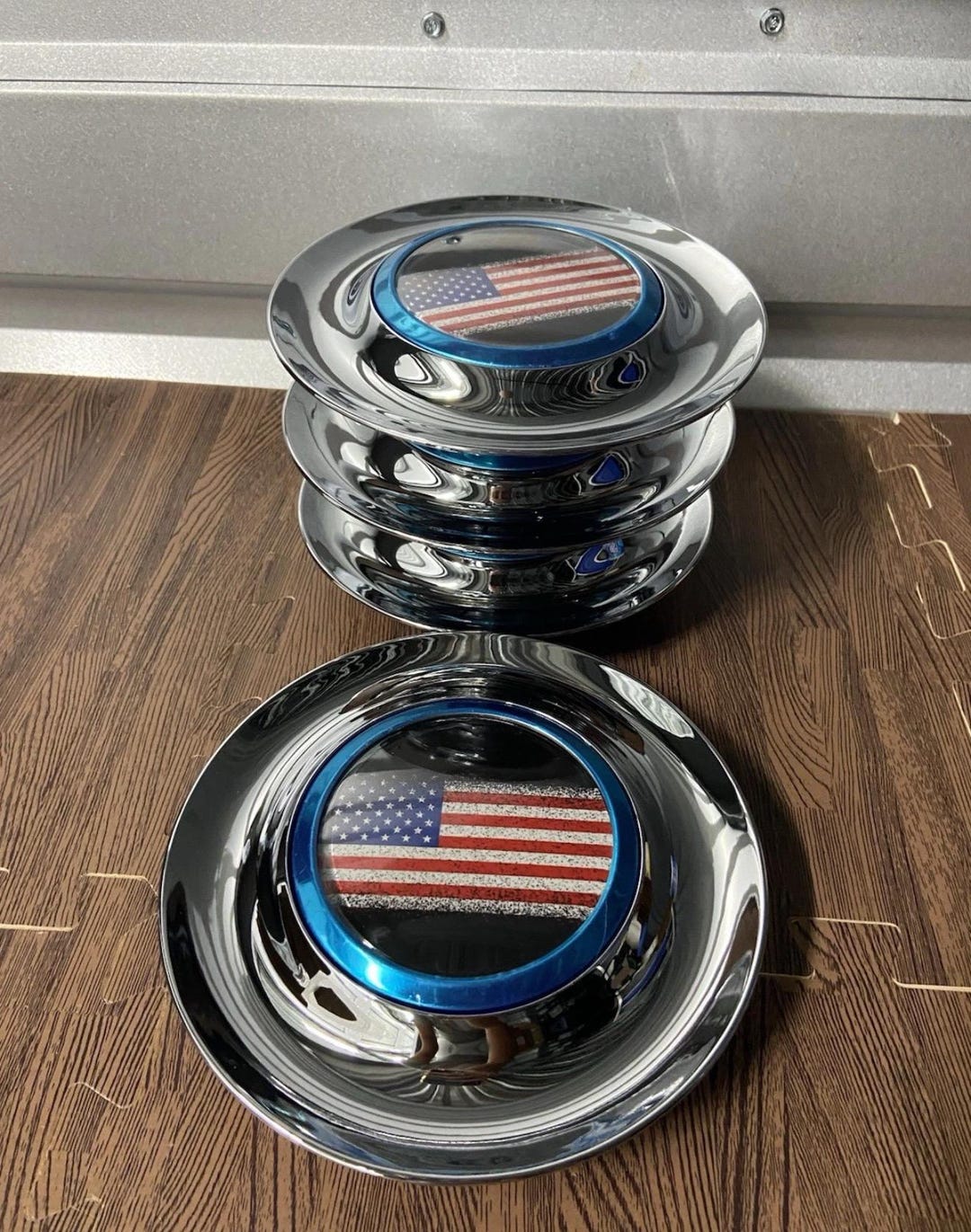 4x Set Chrome American Flag for Forgiato Floating Center Caps XL Hubcap ...