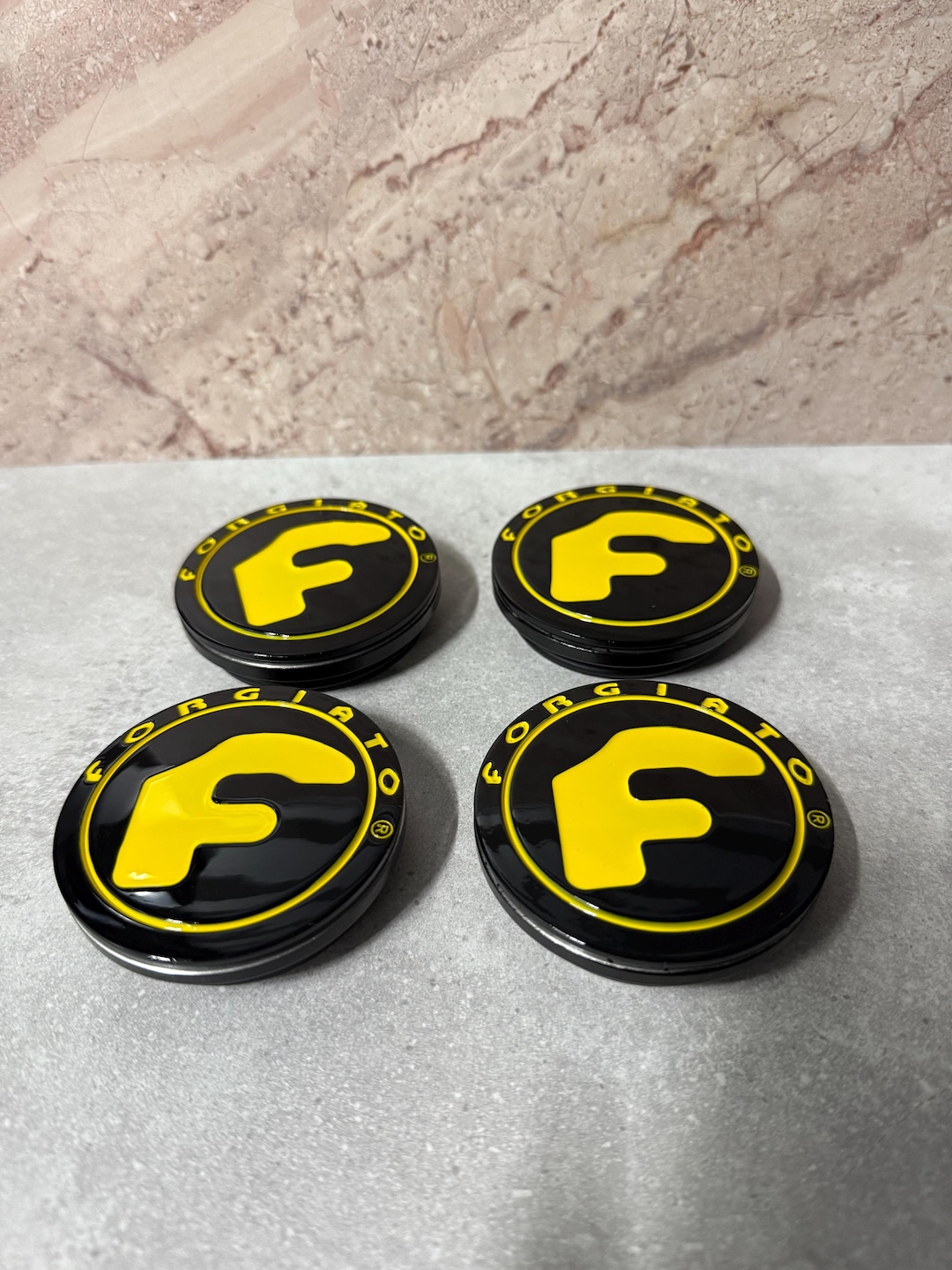 FORGIATO FLOATING Wheels Rims Center Caps Black & Brushed Yellow Billet ...