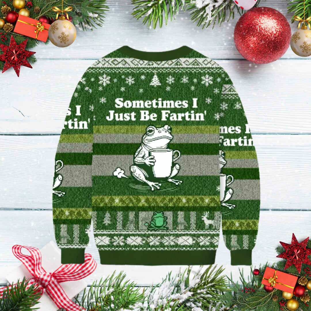 Funny Frog Christmas Sweater, Silly Fart Joke Holiday Pullover, Green ...