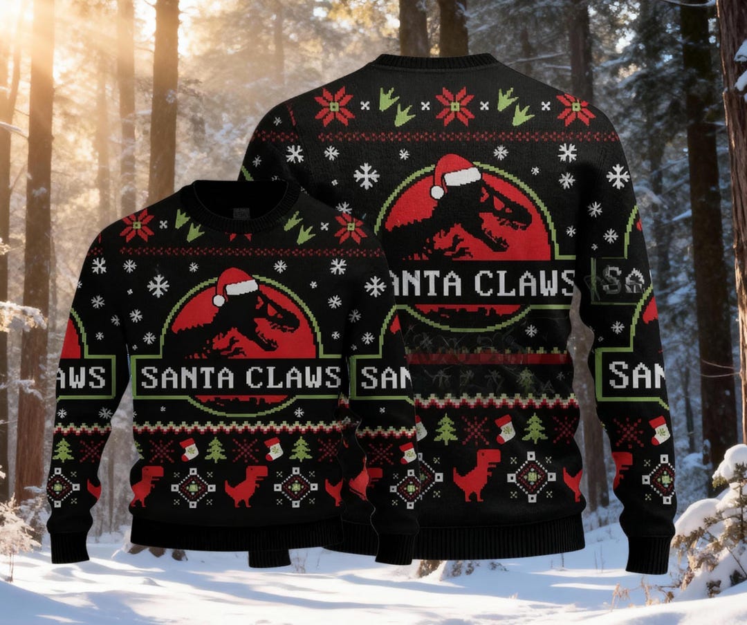 Santa Claws Christmas Sweater, Funny Dinosaur Holiday Jumper, Dino Xmas ...
