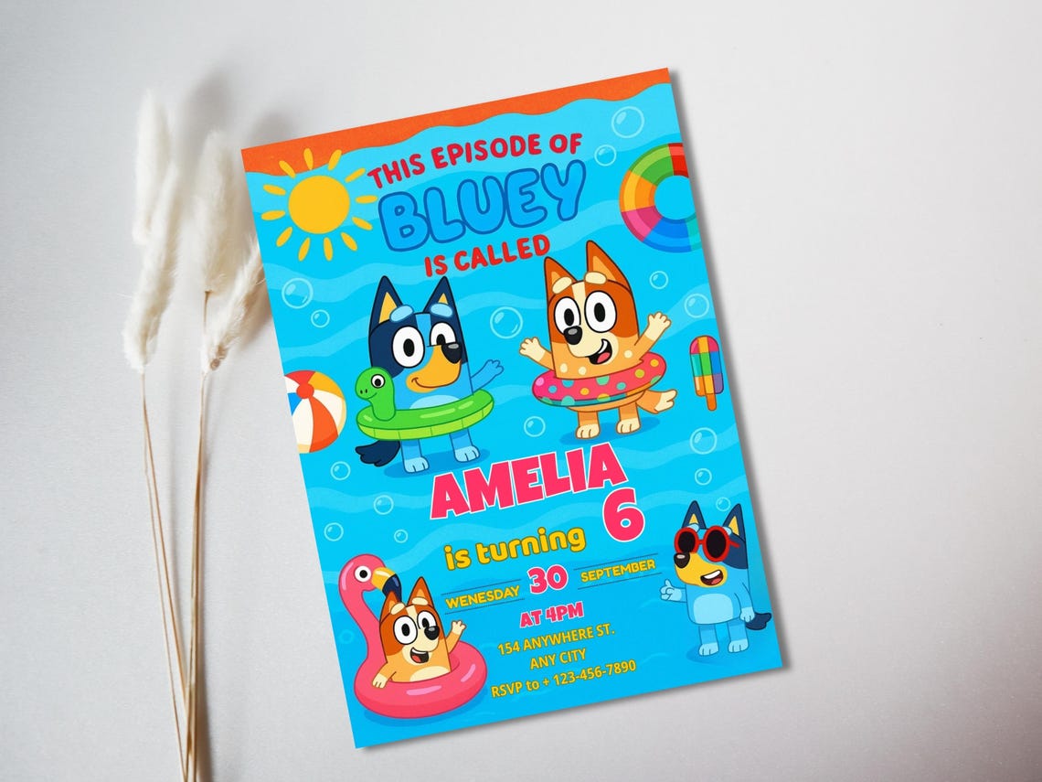 Bluey Pool Party Birthday Invitation, Editable Bluey Invitation, Summer ...