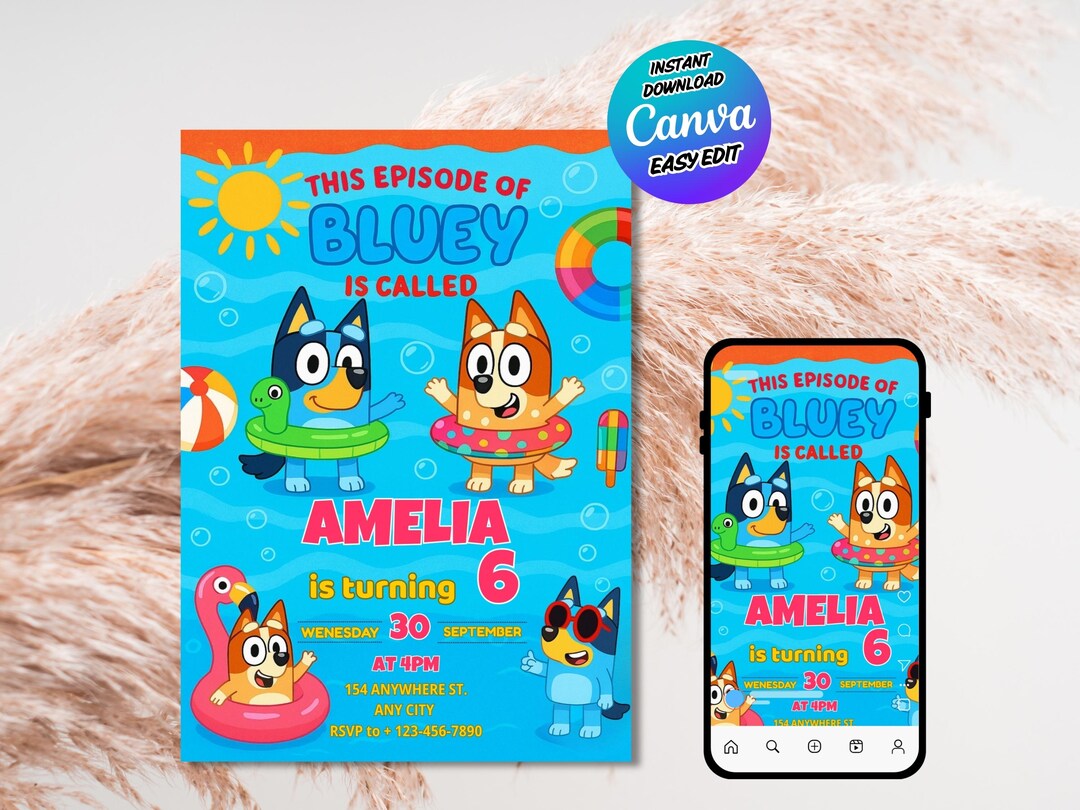 Bluey Pool Party Birthday Invitation, Editable Bluey Invitation, Summer ...