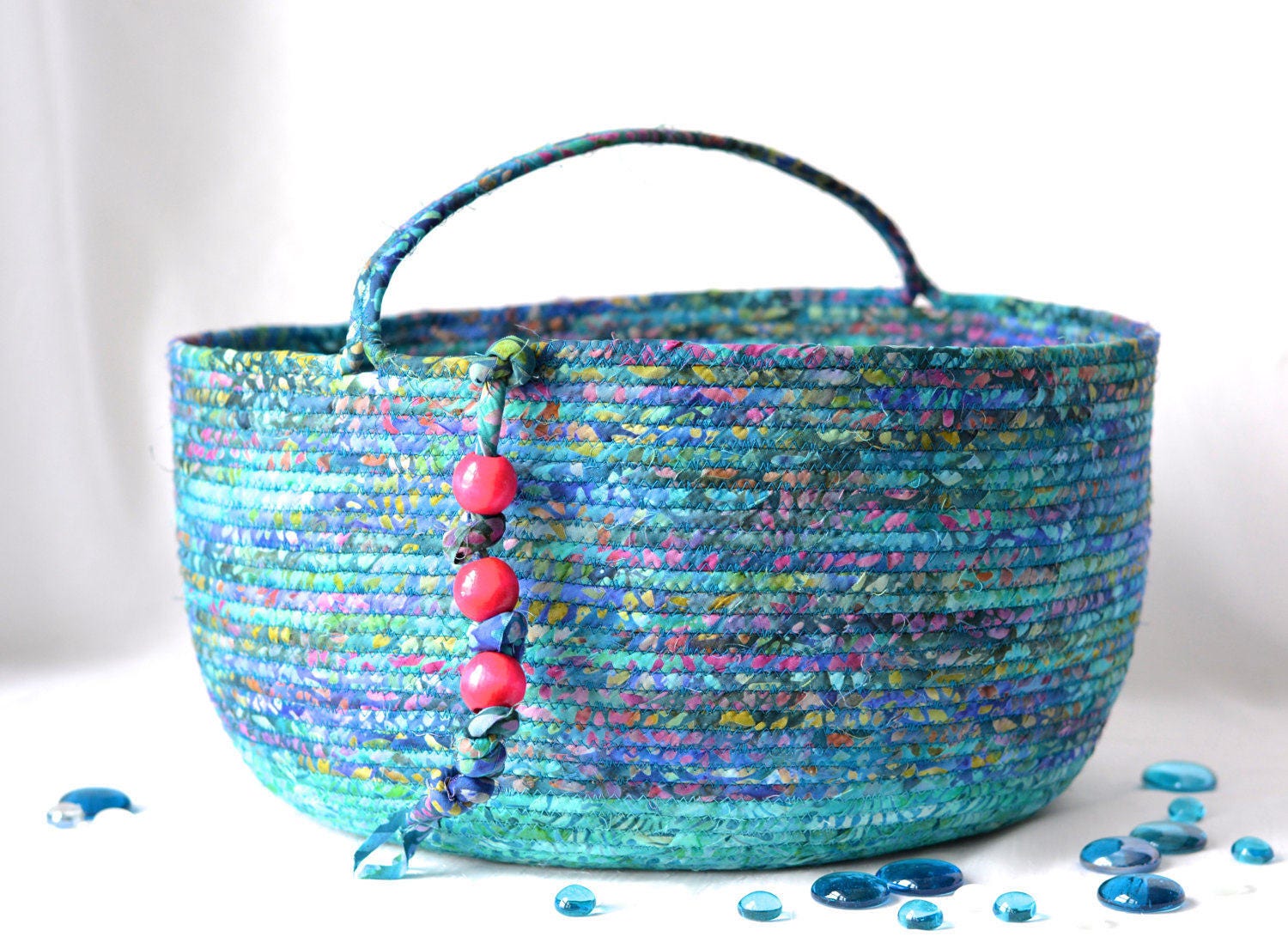 Unique Fabric Art Vessel, Turquoise Storage Container, Handmade Handled ...