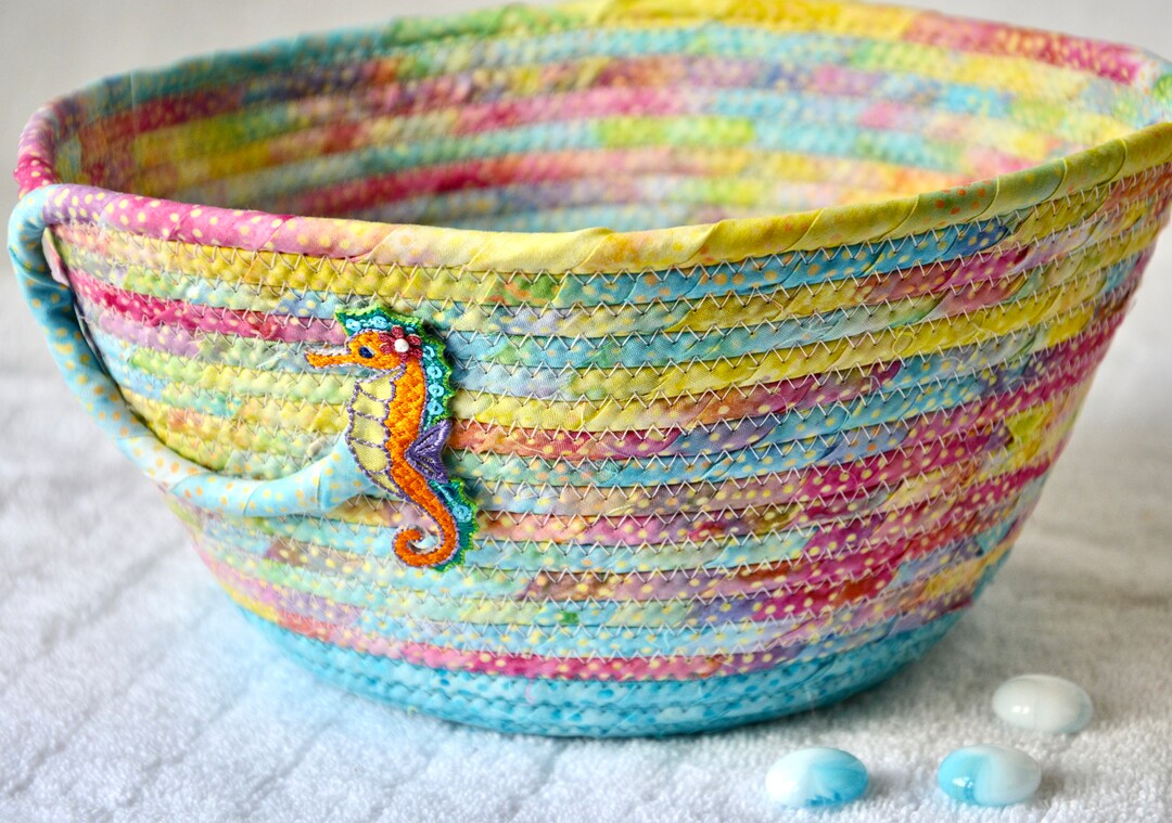 Tropical Aqua Basket, Coastal Seahorse Bowl, Handmade Batik Fabric ...