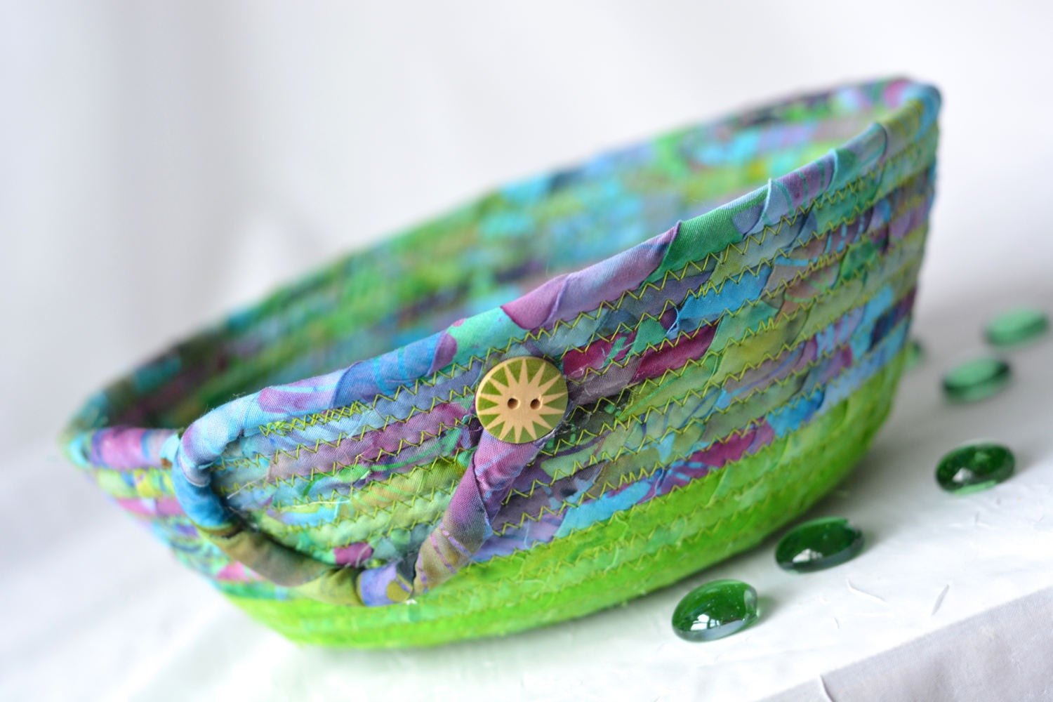 Decorative Artisan Bowl, Handmade Batik Basket, Green Fabric Basket ...