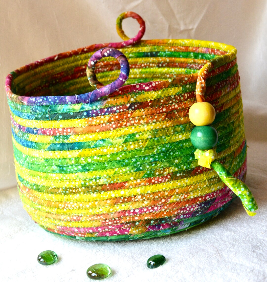 Colorful Batik Basket, Handmade Fabric Rope Bowl, Rainbow Green Yarn ...